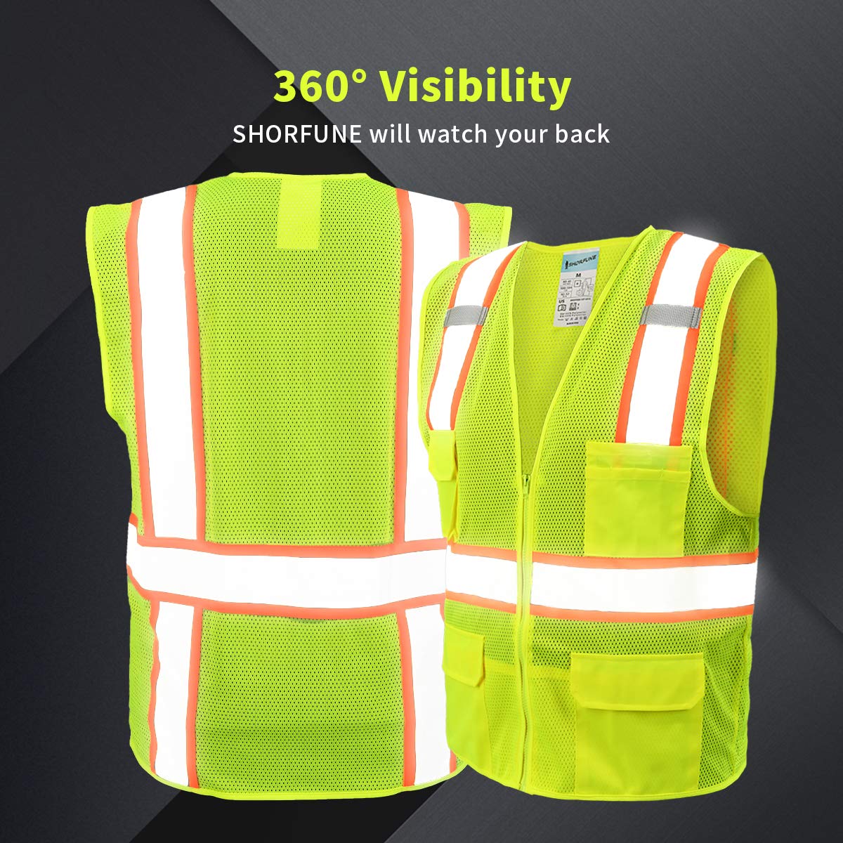 SHORFUNE High Visibility Safety Vest with 10 Pockets, Mic Tabs, Zipper and Reflective Strips, Reflective Construction Vest for Men and Women, ANSI/ISEA Standards, Yellow, M
