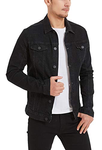 Plaid&Plain Men’s Denim Trucker Jacket Men’s Slim Fit Jean Jacket Stretch 1312Black L-37