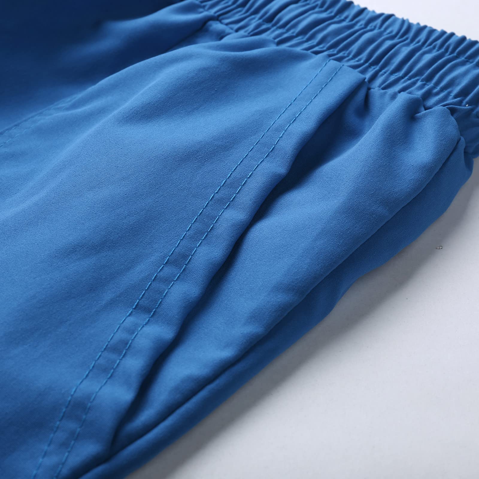 with Pockets Casual Waisted Summer Pants Linen Beach Cotton Women Comfy Flowy High Button Women's Casual Pants Women's Blue
