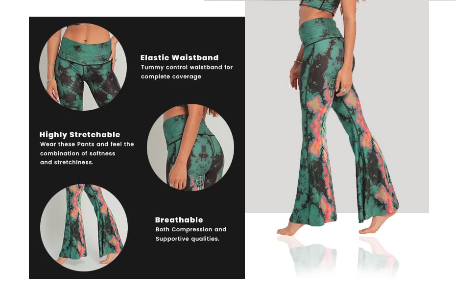 teeki Eagle Feather Green Crop Bell Bottom Pant for Women - Large
