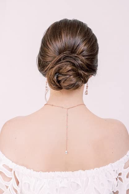 SWEETV Teardrop Wedding Back Necklace for Bride Bridesmaids, Rose Gold Cubic Zirconia Simple Back Pendant Bridal Necklace for Wedding Party