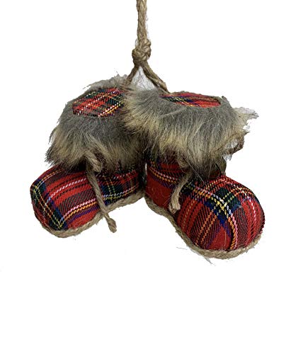 Red Holiday Tartan Plaid Boots with Fur Hanging Christmas Ornament
