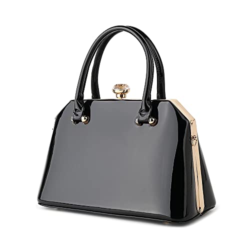 Style Strategy Push Lock Crossbody for women trapezoid Handbags Hardware Chain Crocodile Textured Shoulder black patent leather bag