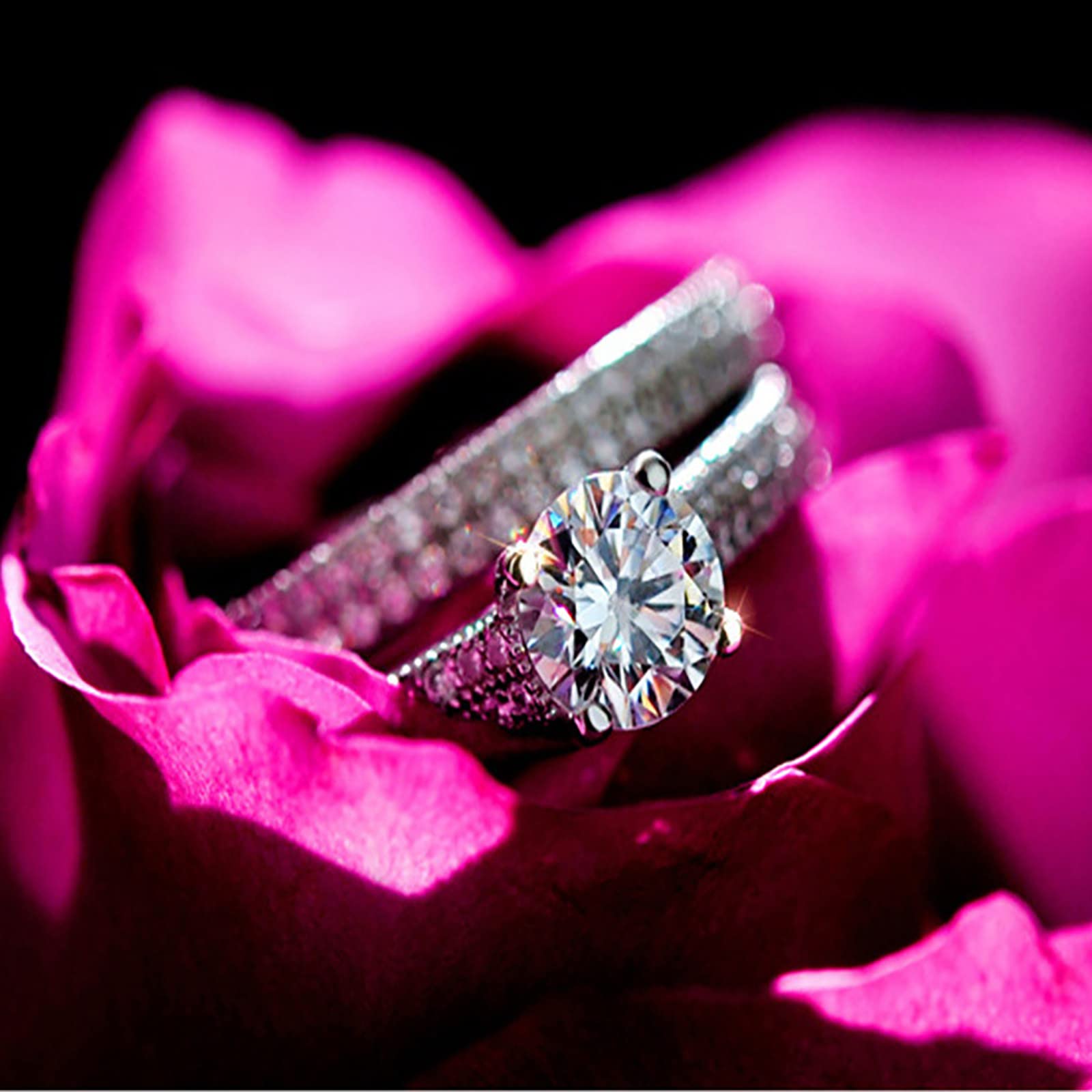 Stainless Steel Ring Sets Fashion Diamond Ring Set for Women Engagement Ring Jewelry Gifts (Silver, 7)