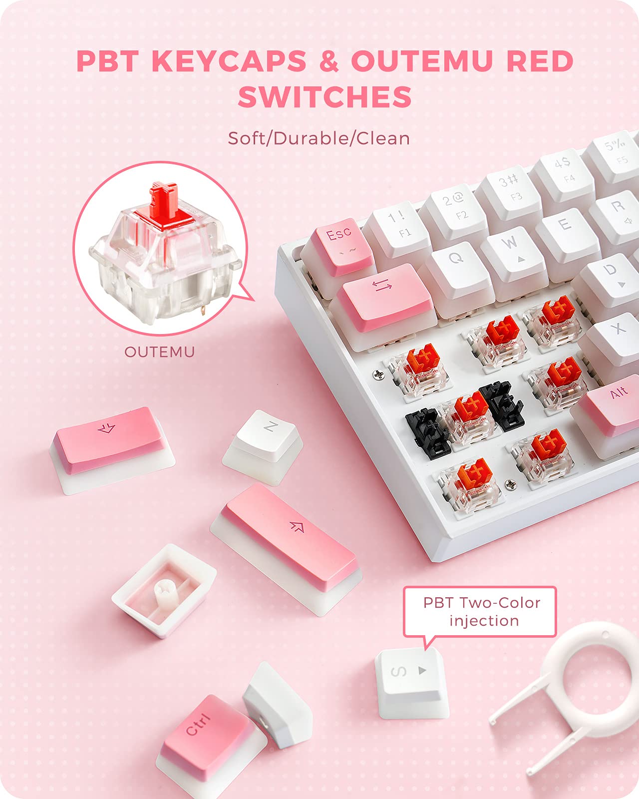 Seenda Pudding Hacker 61 Mechanical Gaming Keyboard, Wired Mini 60% Two-Tone White Pink Keyboard with Customizable RGB Backlit & Fully Programmable Keys, Red Switch and PBT Keycap Mechanical Keyboard