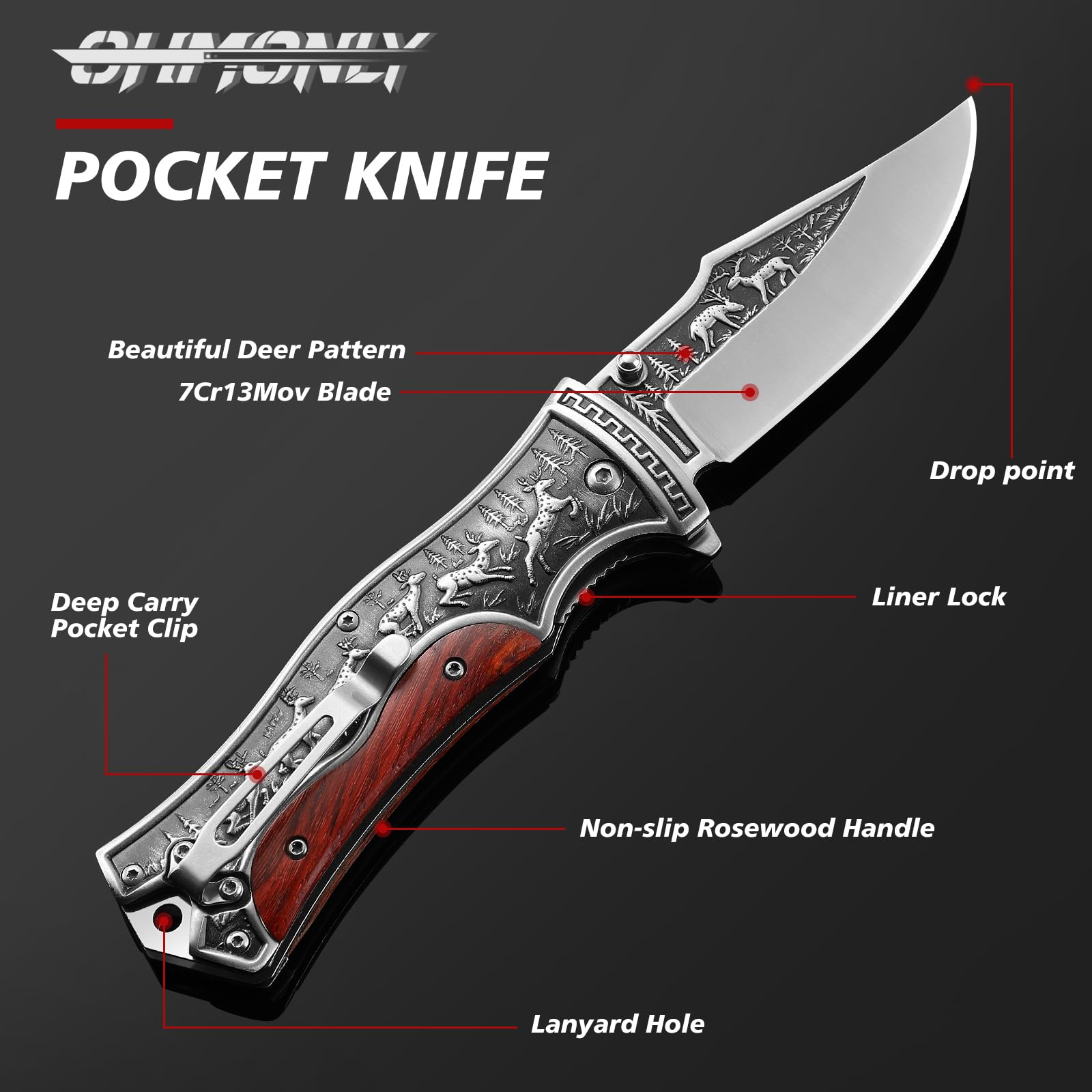ohmonlyhoo Folding Knife,3.7 inch Pocket Knife with Deer Pattern Rosewood Handle,EDC Knife with Pocket Clip and 7Cr13Mov Blade, for Men and Women, for Outdoor