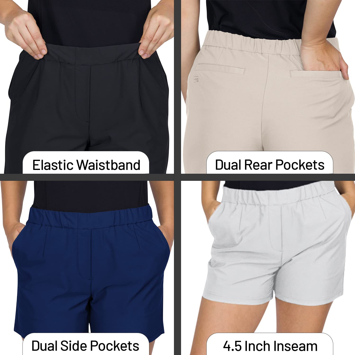Three Sixty Six Golf Shorts for Women 4.5 Inch Inseam - Elastic Stretch Waistband - Breathable Quick Dry Material Silver Grey