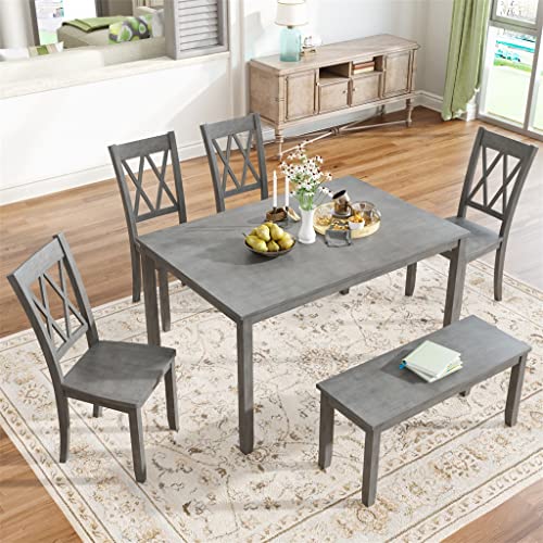 MJWDP 6 Piece Wooden Kitchen Dining Table Set Farmhouse Rustic Dining Table Set with Cross Back 4 Chairs and 1 Bench