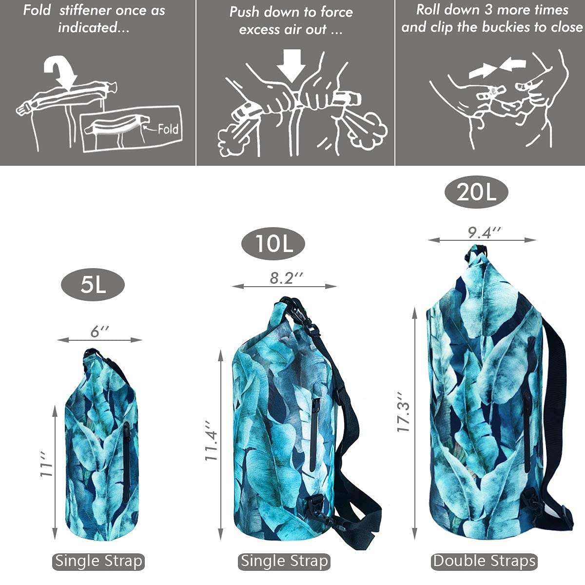 snailman Waterproof Dry Bag for Women Men, Roll Top Lightweight Dry Storage Bag Backpack with Phone Zipper Pocket (Banana leaf, 10L)