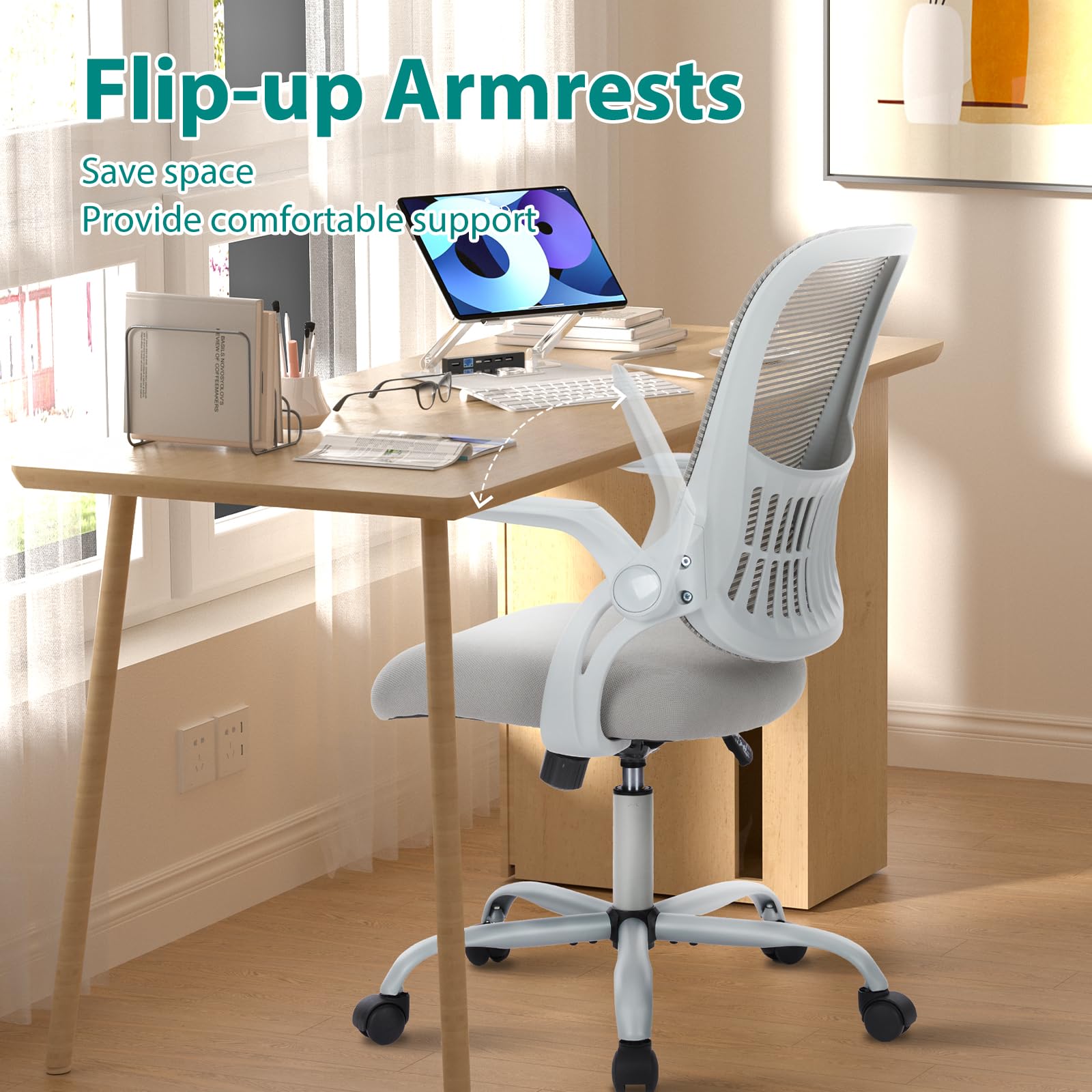 Office Chair, Ergonomic Desk Chair, Mid Back Mesh Computer Chair, Height Adjustable Rolling Swivel Task Chair with Flip-up Armrests and Lumbar Support