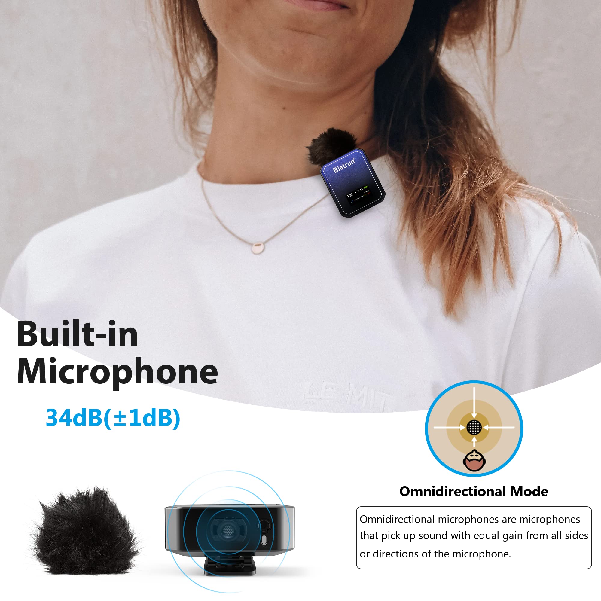 Portable Wireless Lavalier Microphone for iPhone, Camera, Android, Gopro 6/7/8/9/10,Gain Adjustment&Mute,Wireless Lapel Clip On Mic System for Video Recording,YouTube,Vlog(164 ft Range)with Windshield