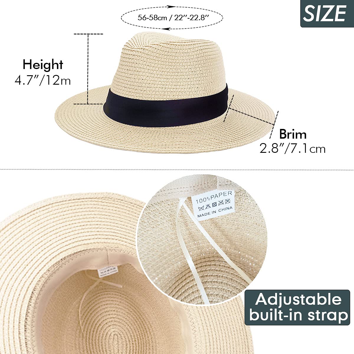 snailman Women Wide Brim Straw Panama Roll up Hat Fedora Beach Sun Hat UPF50+ (Beige)