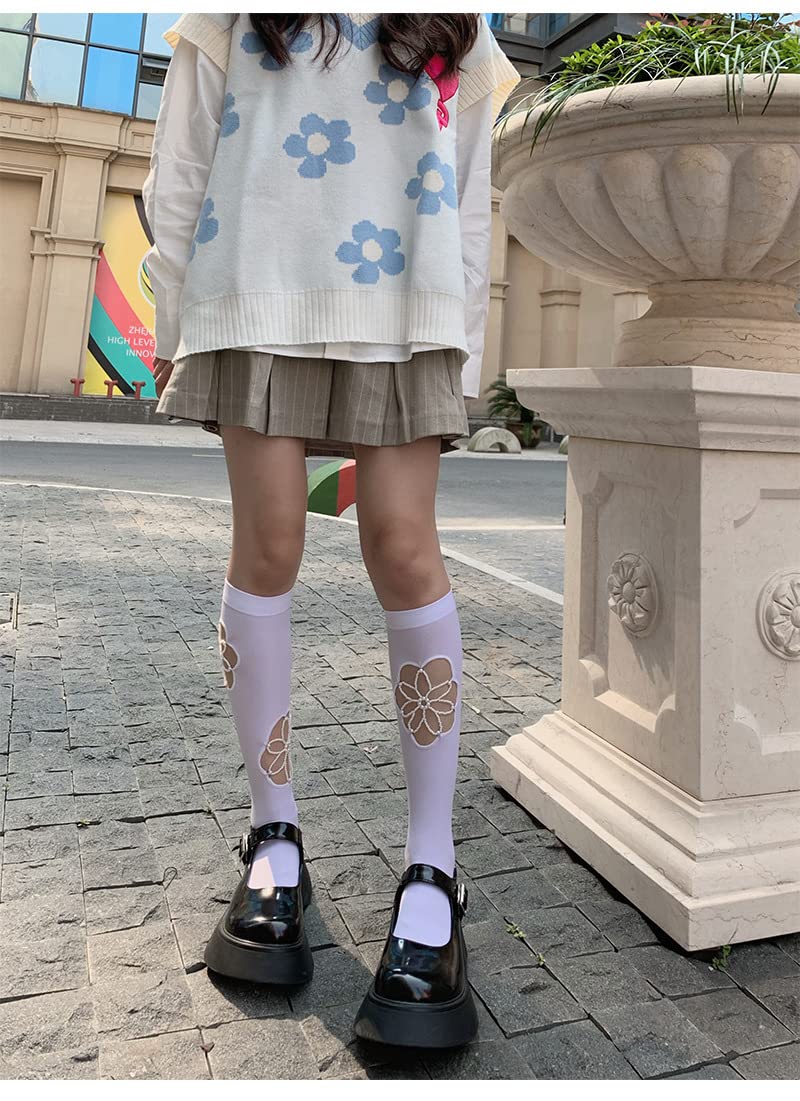 Sahabowi White Pearl Flower Handcraft Calf Socks For Women, Nylon Silk High Knee Stockings, Elastic Stretch Thin(HS2023042407white, 1pair)