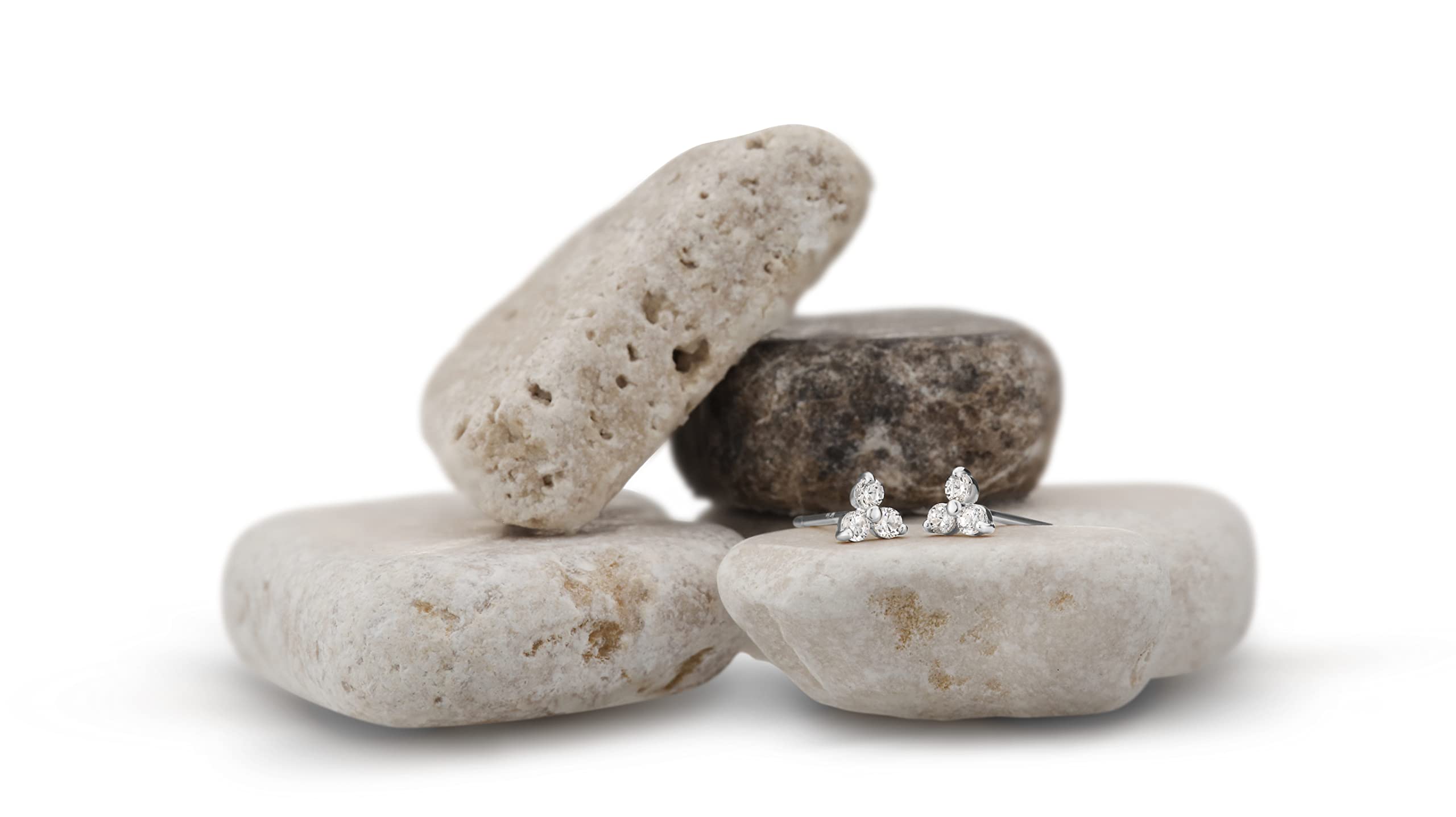 Solid 14k Gold Mini Lotus Cubic Zirconia Studs, Trefoil Trinity Triple Cluster Minimalist Earrings (White Gold)