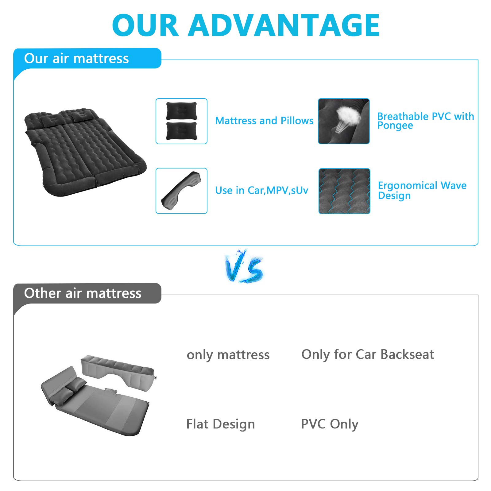 SUV RV Air Mattress Car Bed Camping Cushion Pillow - Inflatable Thickened Car Air Bed with Electric Air Pump Flocking Surface Portable Sleeping Pad for Travel Camping Minivan Van Trunk