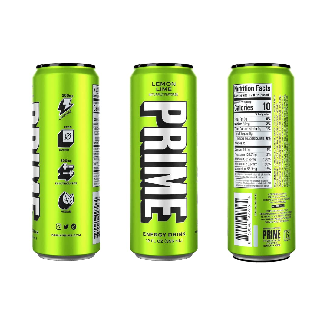 NEW Prime Hydration Drink Energy Cans 5 Flavor Variety Sampler Pack! - 200mg Caffeine, Zero Sugar, 300mg Electrolytes, Vegan - (12 Fl Oz Cans) - (10-Pack)