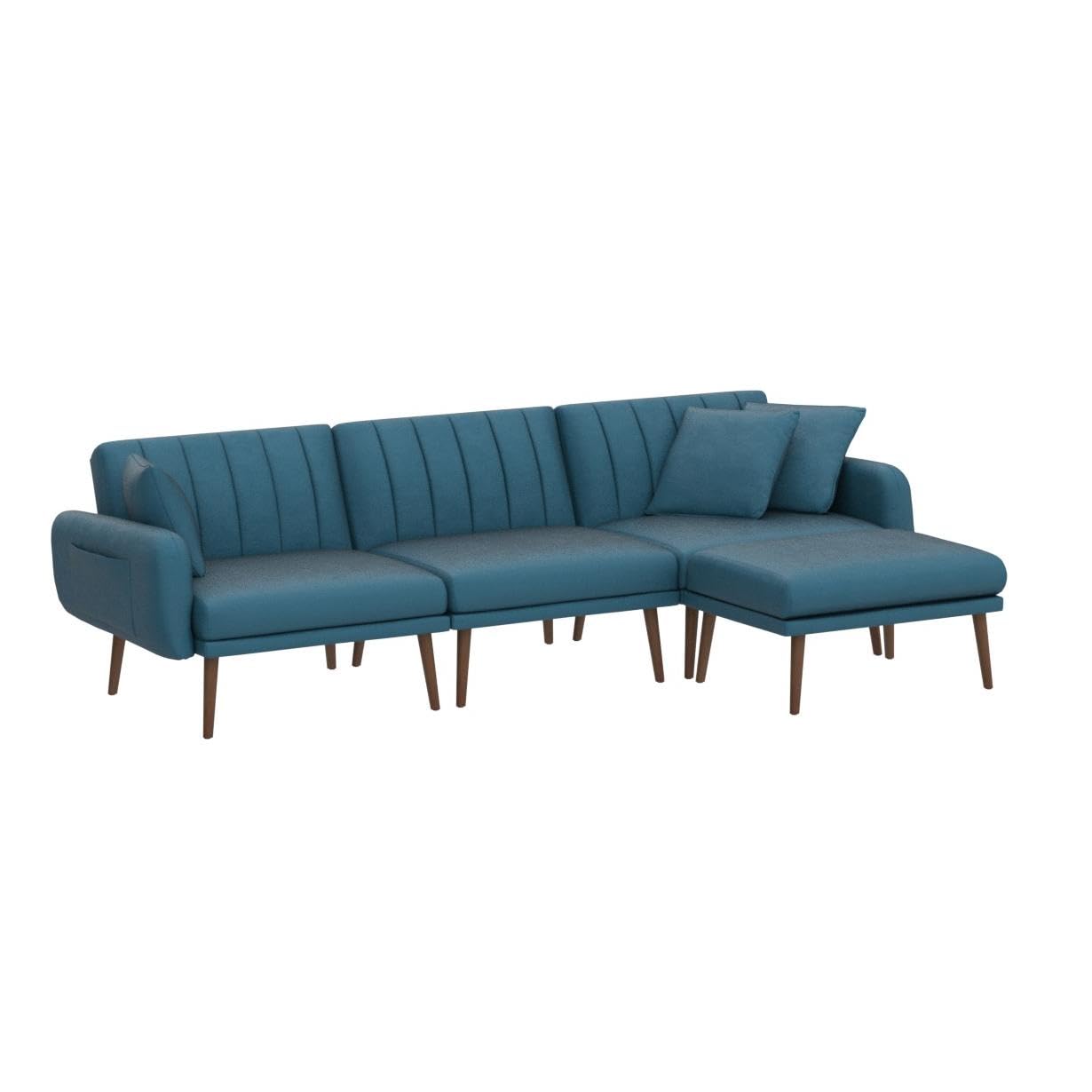 NOBLEMOOD Sleeper Sectional Sofa Bed for Living Room, L-Shaped Linen Fabric Couch Sofas with Reclining Backrest and Removable Ottoman (Blue)
