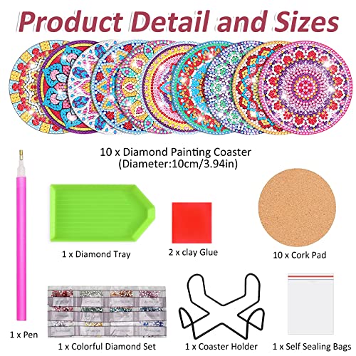 MONKLE 10 Pcs Coasters Kits with Dimensional Holder, DIY Cat Coaster Diamond Art Kits Non-Slip Coaster for Beginners, Kids and Adults Art Craft Supplies Gift (10 Pcs Mandala)