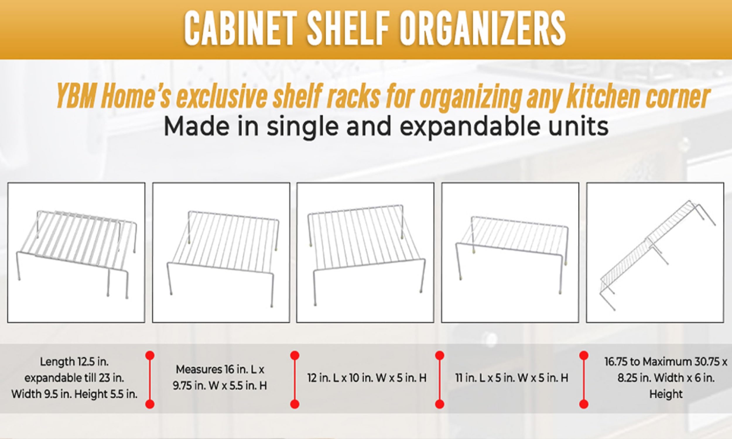YBM HOME White Wire Cabinet Helper Shelf Organizer and Storage Rack Helper for Kitchen, Expandable Kitchen Counter and Cabinet Shelf (1, 11" L x 5" W x 5" H)