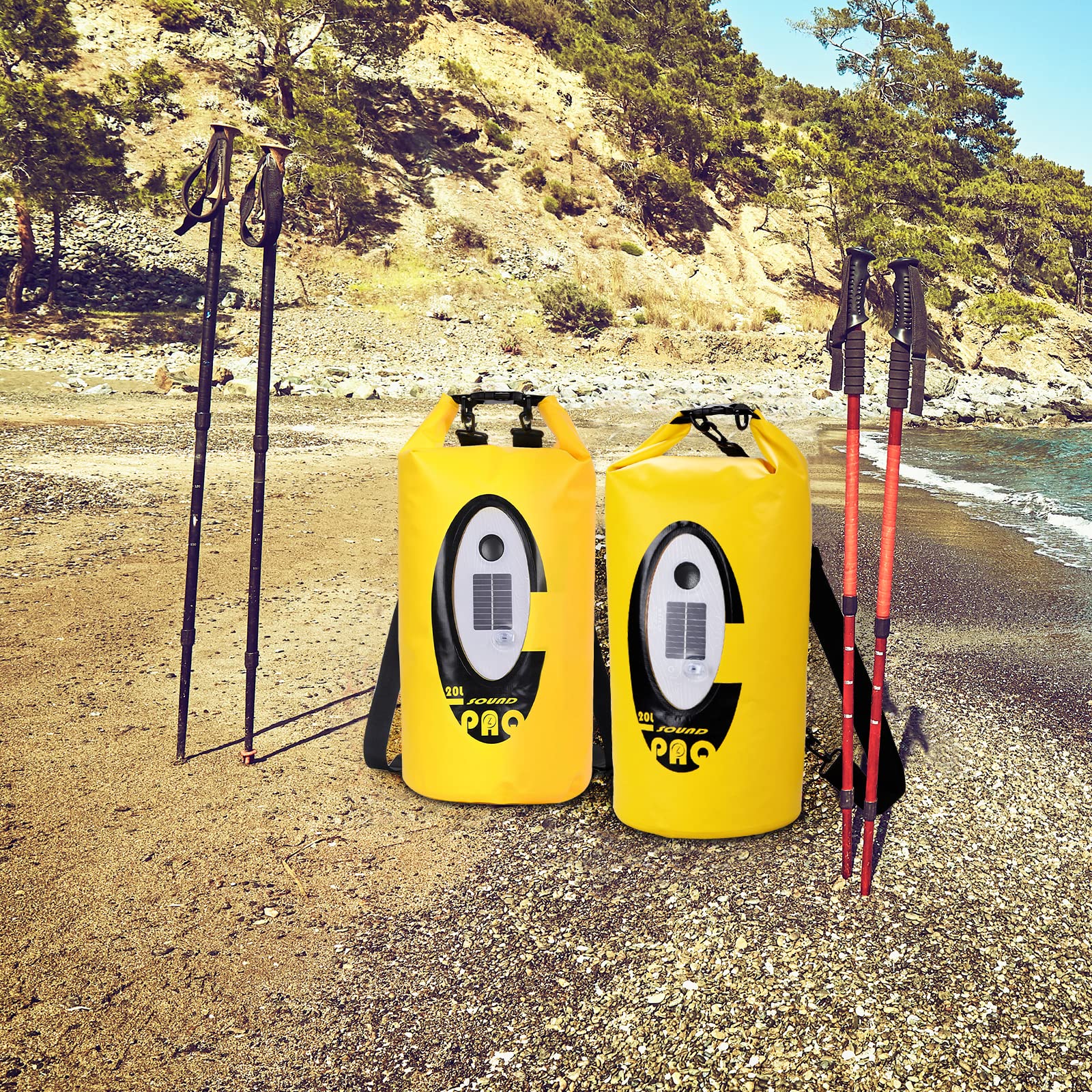 Qoolife Dry Bag Waterproof with Solar Bluetooth Speaker & Light - 20L Roll Top Dry Sack Keeps Gear Dry for Men Women Kayaking, Beach, Rafting, Boating, Hiking, Camping and Fishing (Yellow-BL)
