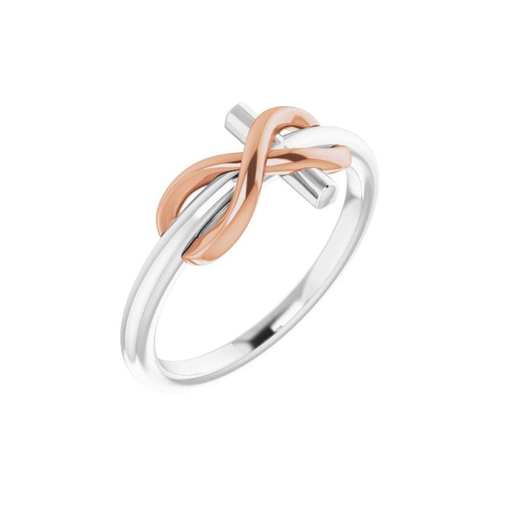 Solid 14k White Gold and Rose Infinity-Inspired Cross Crucifix Ring Band (Width = 9.1mm) - Size 5.5