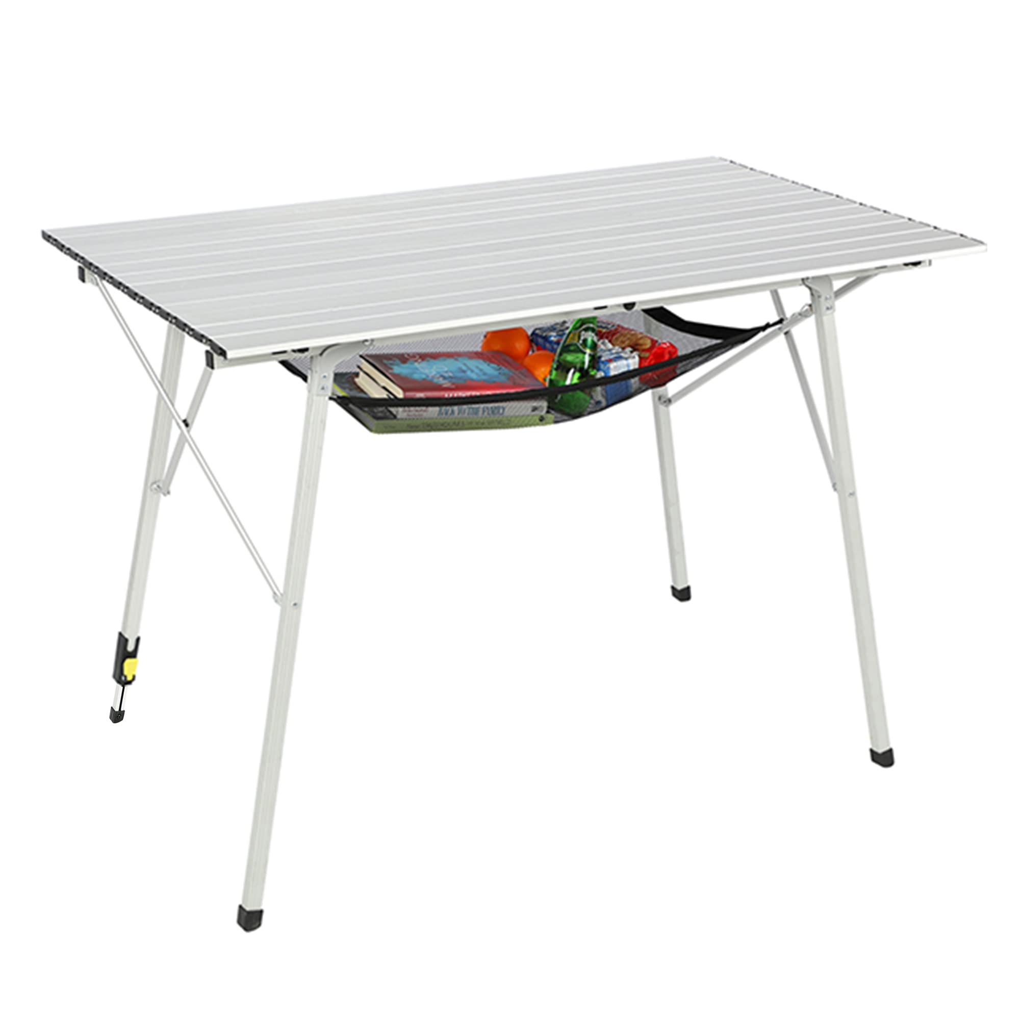 PORTAL Portable Camping Table Aluminum Folding Camp Table Roll Up Table with 1 Adjustable Leg, Mesh Layer and Carry Bag for Outdoor, Picnic, Grill, Kitchen, Silver, Large Space (47.2 x 27.6 inch)