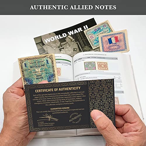 WWII German Third Reich Collection - 100 Reichsmark Note + 10 Reichspfennig Coin + 2 Stamps from Bohemia. Certificate of Authenticity Included