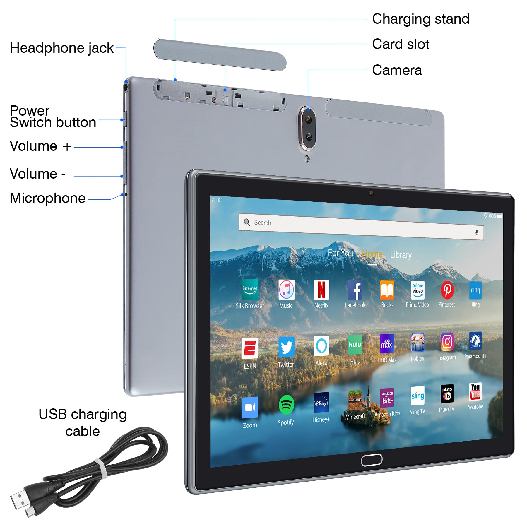ZaoFePu Android Tablet 10 Inch WiFi HD Display Andorid 10.0GMS Tablets RAM 2+32GB, ROM 800 x 1280, Camera 500w, Type-c Charging Port -Silver Grey N10