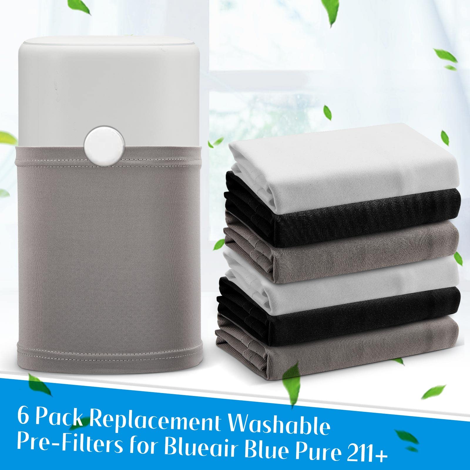 Tegeme 6 Pack Replacement Washable Pre Filters Compatible with Blueair Blue Pure 411+, Air Purifier Washable Filter Fabric for Remove Pollen Dust PET Dander, Light Gray, White, Black