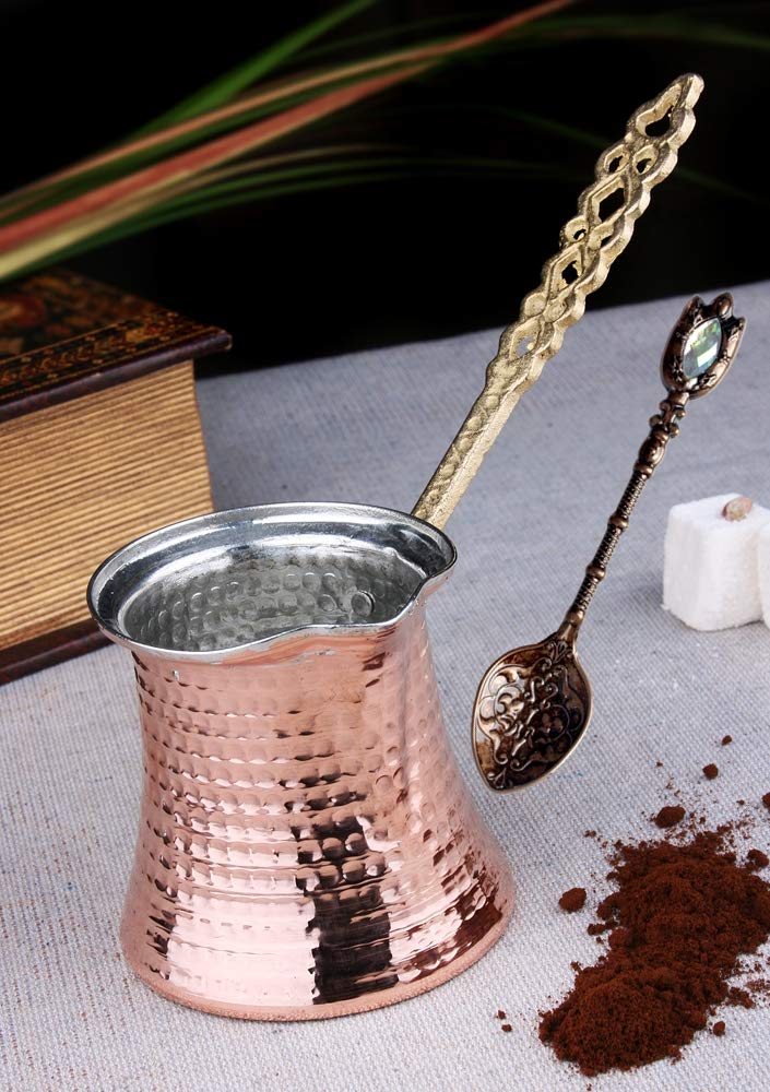 Turkish Coffee Pot and Copper Spoon Set - 9 Oz Thick 2mm Antique Copper Looking - Stove top Coffee Maker Cezve with Copper Handle & Copper Spoon - for 3 People