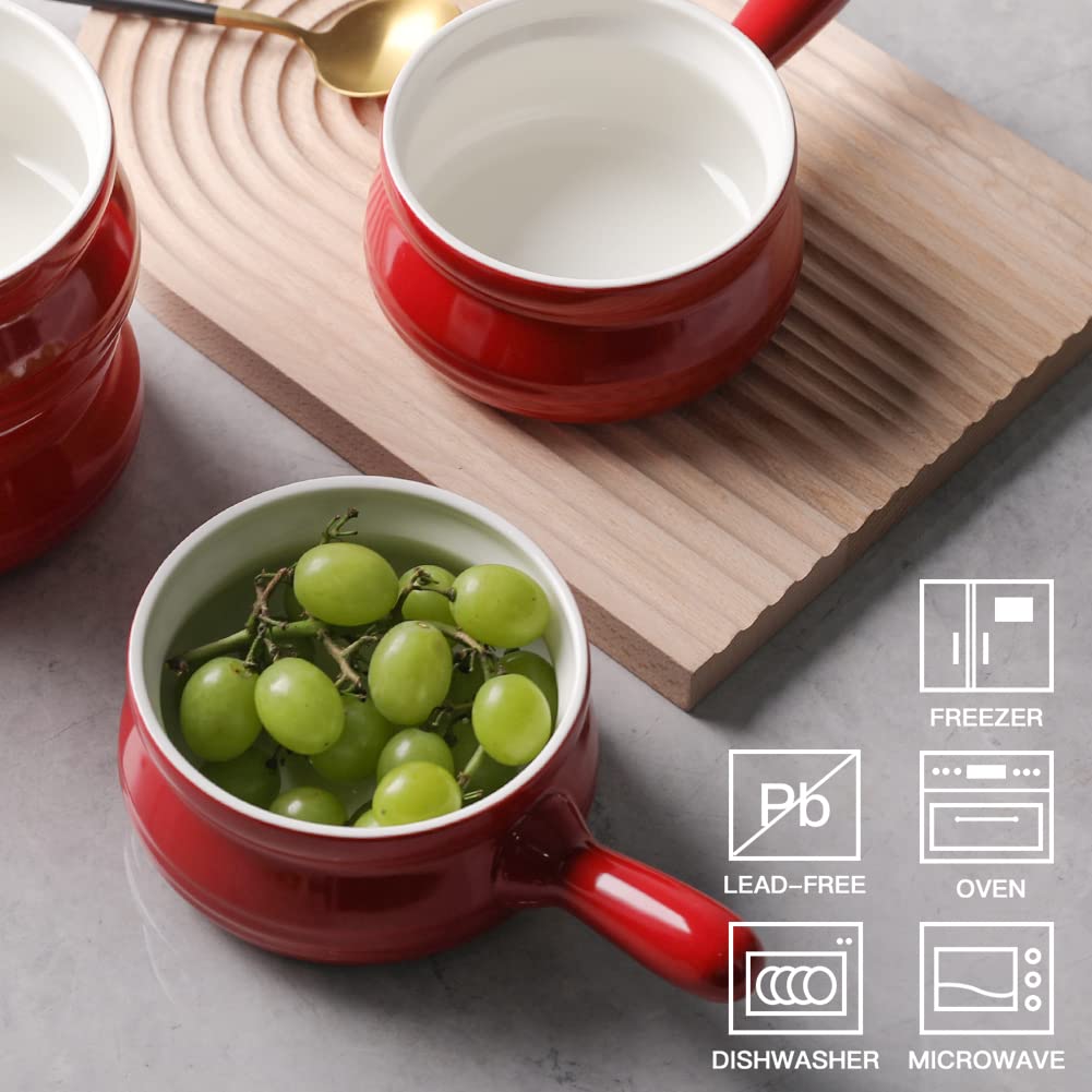 Sweejar Porcelain Soup Bowls with Handle, 22 OZ Ceramic Serving Crocks for French Onion Soup, Pumpkin Soup, Oatmeal, Stew, Dishwasher and Microwave Safe, Set of 4 (Red)
