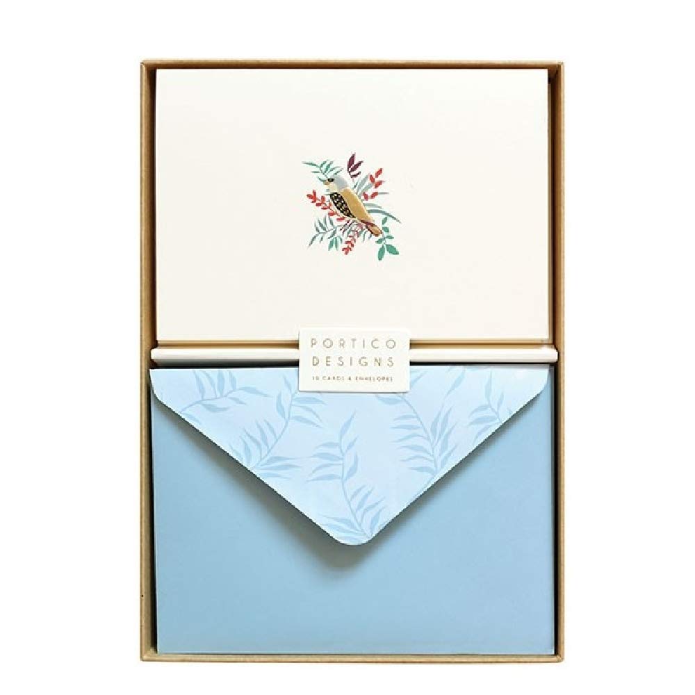 Portico Designs Blank Notecard Set Gold Foil Embossed Boxed Notecards Stationary Set, 10-Count, Tropical Bird