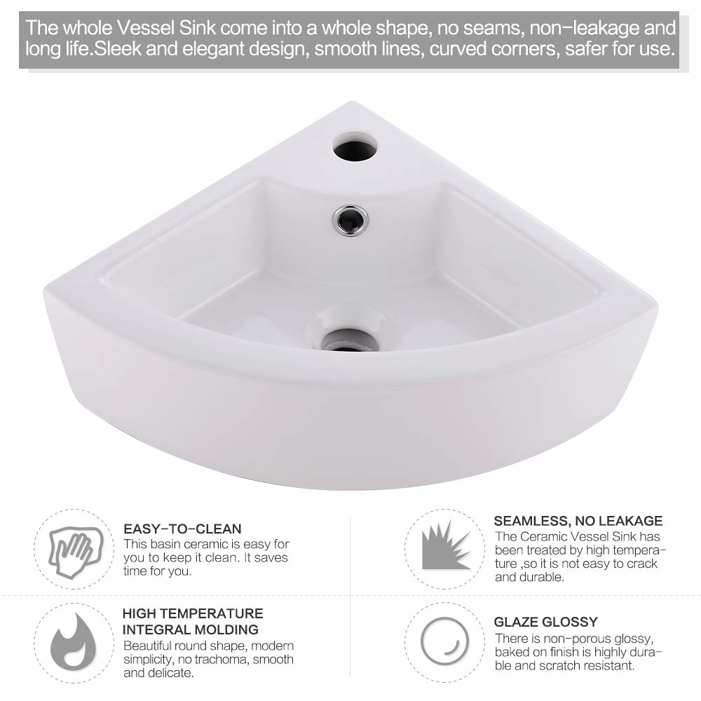 VOKIM Small Corner Wall Mount Bathroom Sink and Faucet Combo with Overflow White Porcelain Ceramic Above Counter Mini Vanity Vessel Sink with Chrome Faucet and Pop-up Drain Combo