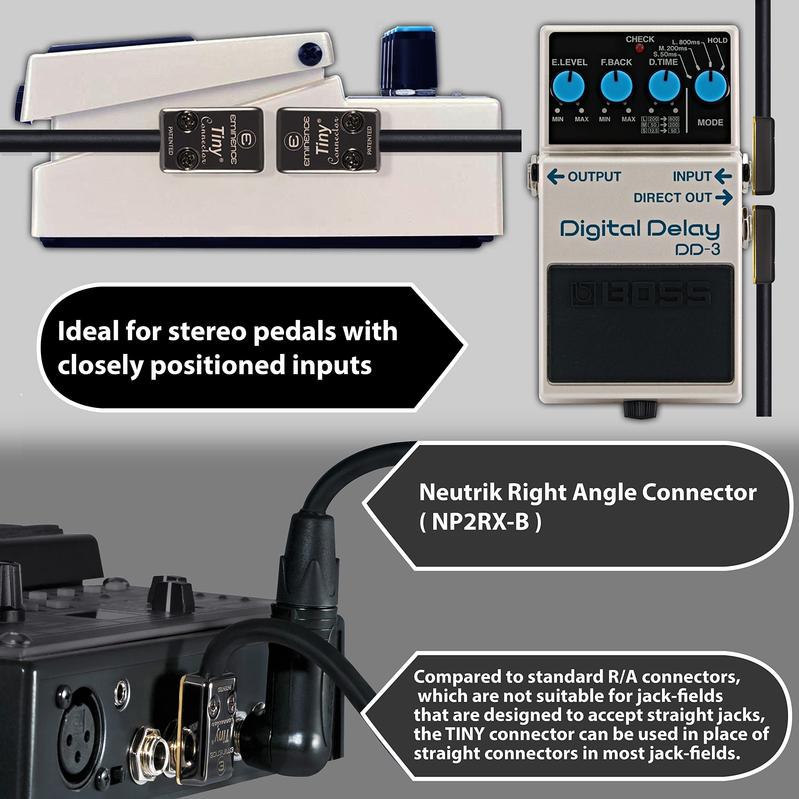 WORLDS BEST CABLES 3 Units - 12 Inch - Pedal, Effects, Patch, Instrument Cable Custom Made Using Mogami 2319 Wire & Eminence Tiny Gold-Plated Angled TS Connectors
