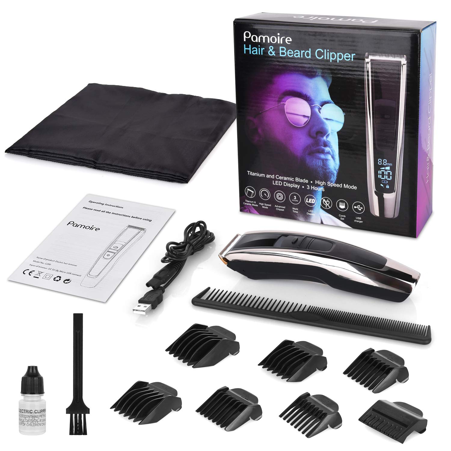 Pamoire Hair Clippers for Men Cordless Professional Clippers for Hair Cutting, Rechargeable Beard Trimmer Grooming Kit, LED Display (schwarz)