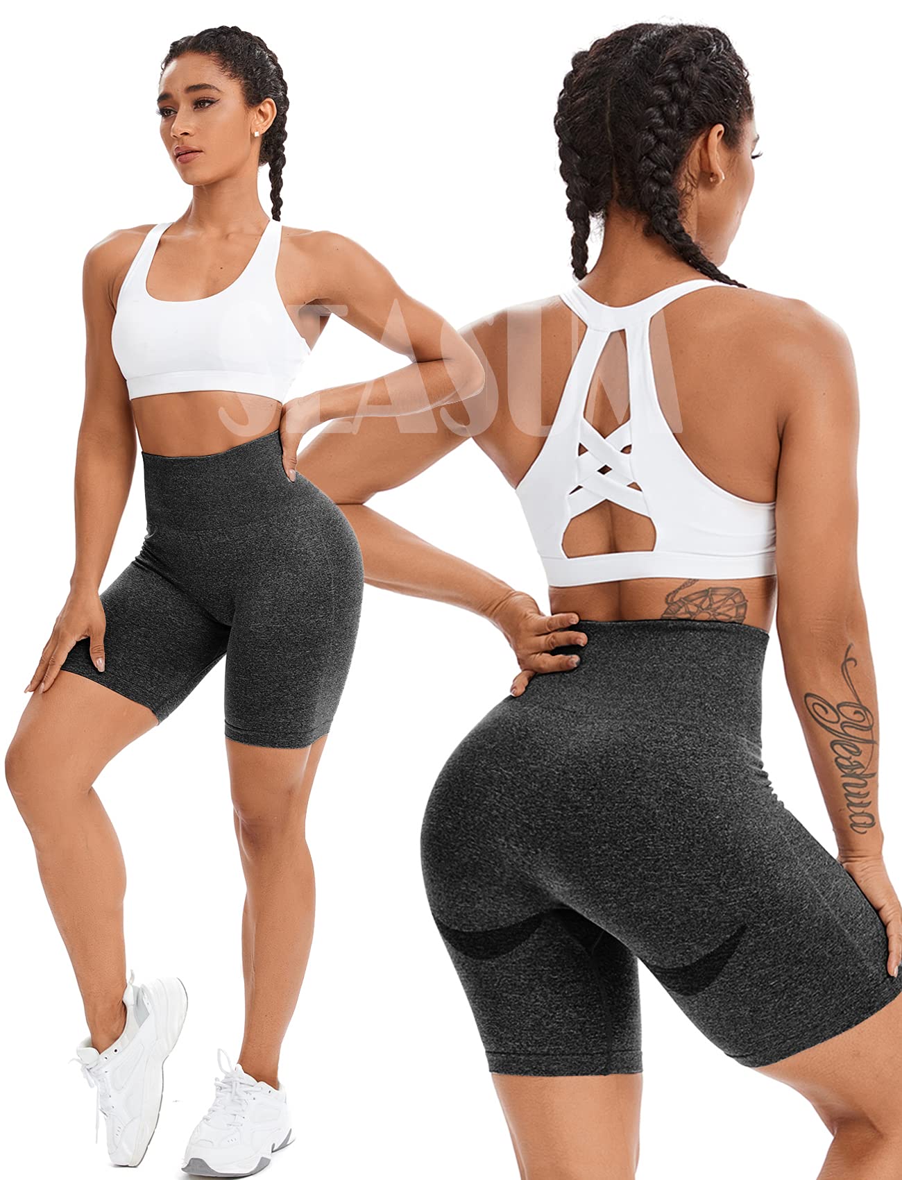 SEASUM Women Butt Lifting Biker Shorts Workout Gym Contour Seamless Shorts High Waisted Scrunch Booty Leggings L