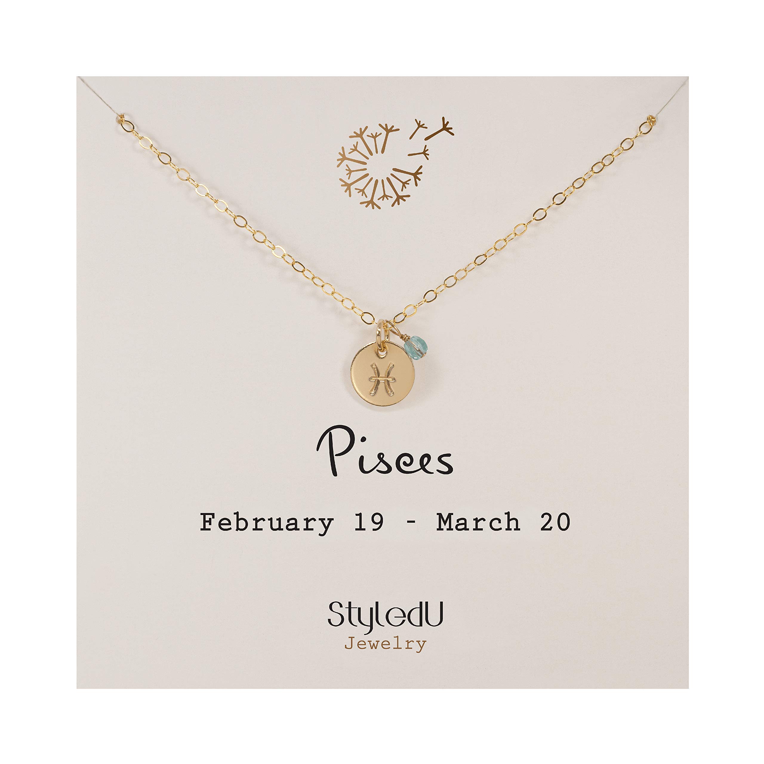 StyledU Tiny Pisces Pendant Necklace, 14K Gold Filled Constellation Pendant with Birthstone Necklace, Zodiac Sign March Birthday Gifts for Women