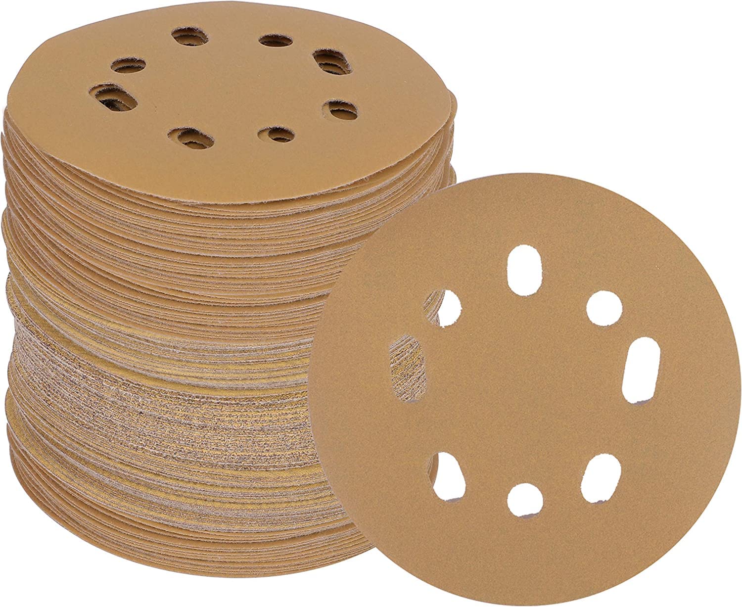 PLATINUMEDGE 5 Inch 8 Hole Gold Sanding Discs Hook and Loop Sanding Discs for Random Orbital Sander,60/80/100/120/150/220 Grits Assorted Grits Sandpaper - 120 Pack
