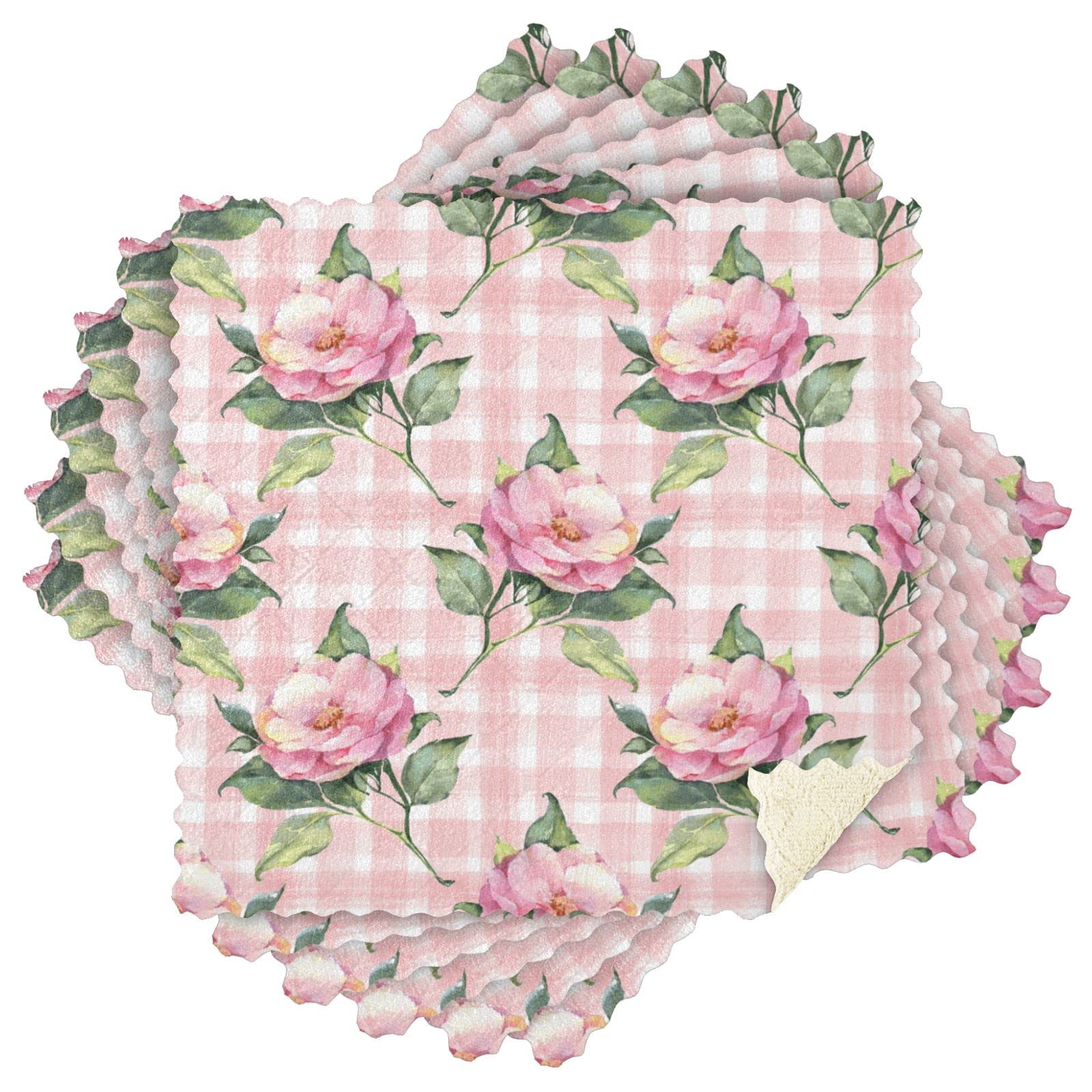 SUABO Pink Rose Plaid Checkered Kitchen Dishcloths, 6 Pack Dish Towels Quick Drying Tea Towels Absorbent Cleaning Towels Tableware Towel for Kitchen Bathroom