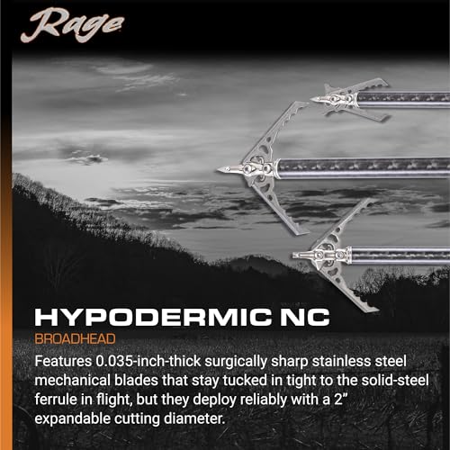 Rage Hypodermic NC 2-Blade 100gr Hunting Broadhead (R38100), Hybrid Tip, No Collar Blade Lock.035β Thick Swept-Back Angled Blades with a 2β Cutting Diameter, Machined Stainless Steel Ferrule, 3-Pack