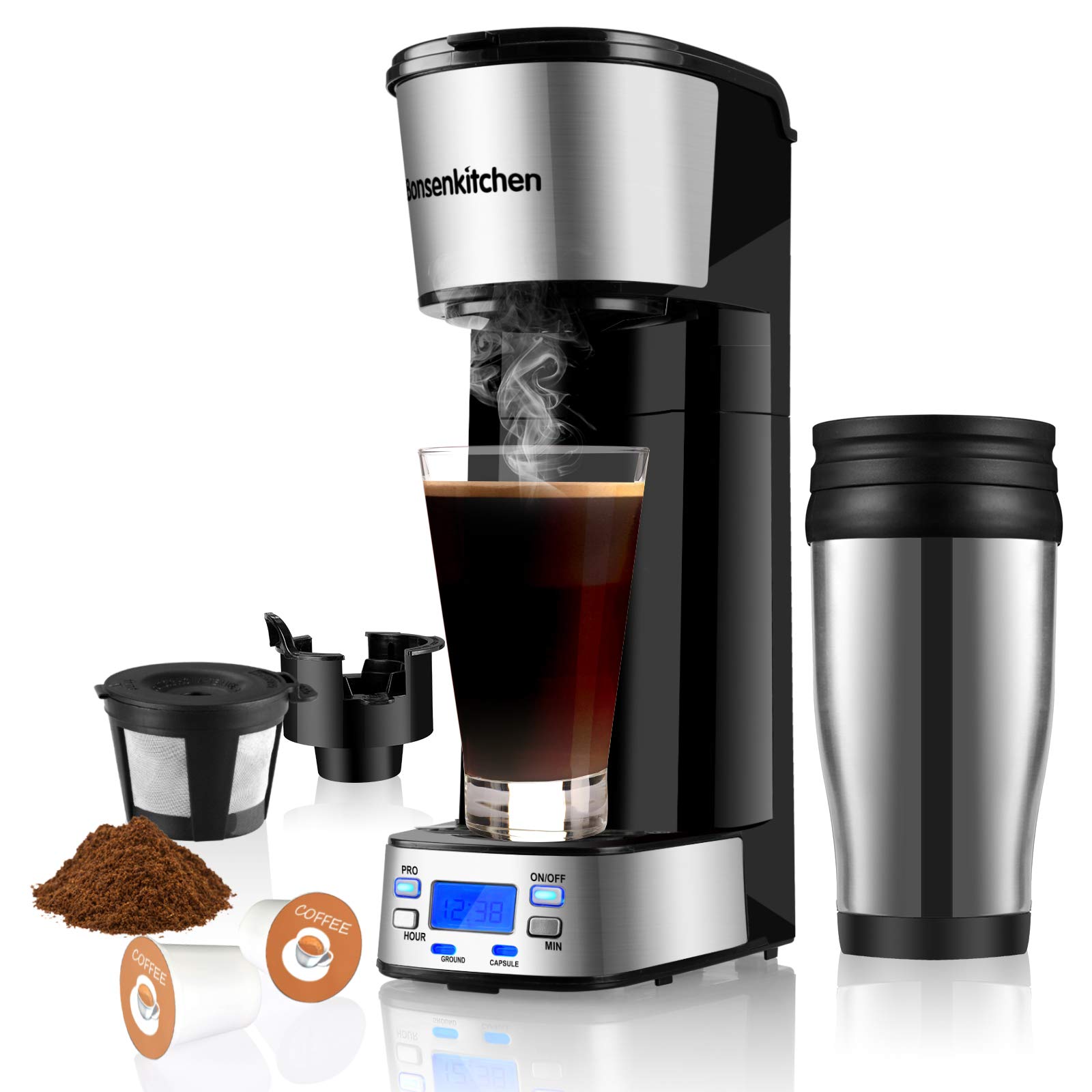 Programmable Single Serve Coffee Makers With Portable Travel Mug Compatible with K Cup Pod & Coffee Ground, Mini 2-In-1 Coffee Machines with Brew Strength Control, Personal Compact Coffee Brewer 14 Oz