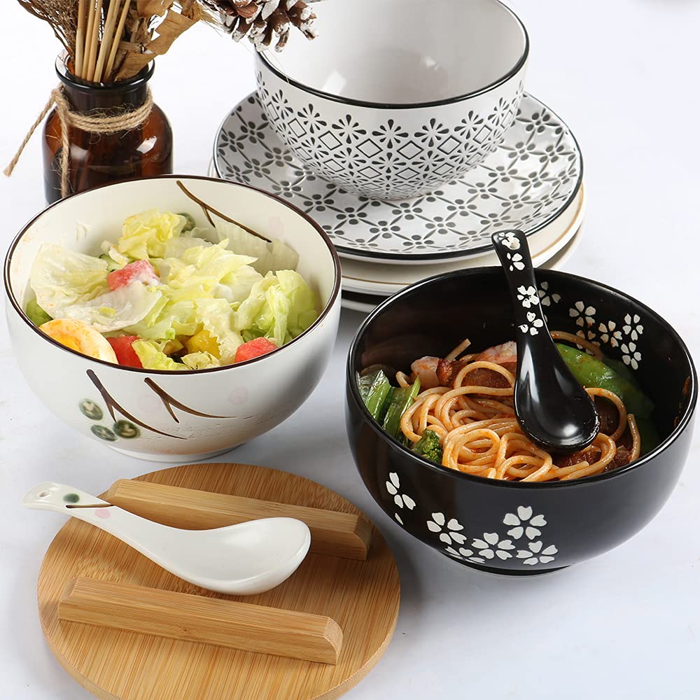 Yeking Japanese Vintage Noodle Bowl with Lid Spoon Black Ceramic Ramen Bowl Hand Drawn Rice Bowl Retro Tableware Noodle Bowl 6.5 inch, A