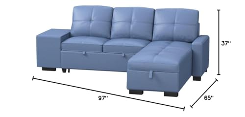 Sectional Sofa with Pull-Out Sleeper, HABITRIO Solid Wood&Blue Fabric Upholstered 97" L-Shaped Sofa Bed&Reversible Storage Chaise Lounge, Side Table Armrest w/ 2 Ottoman, Seating Couch for Living Room