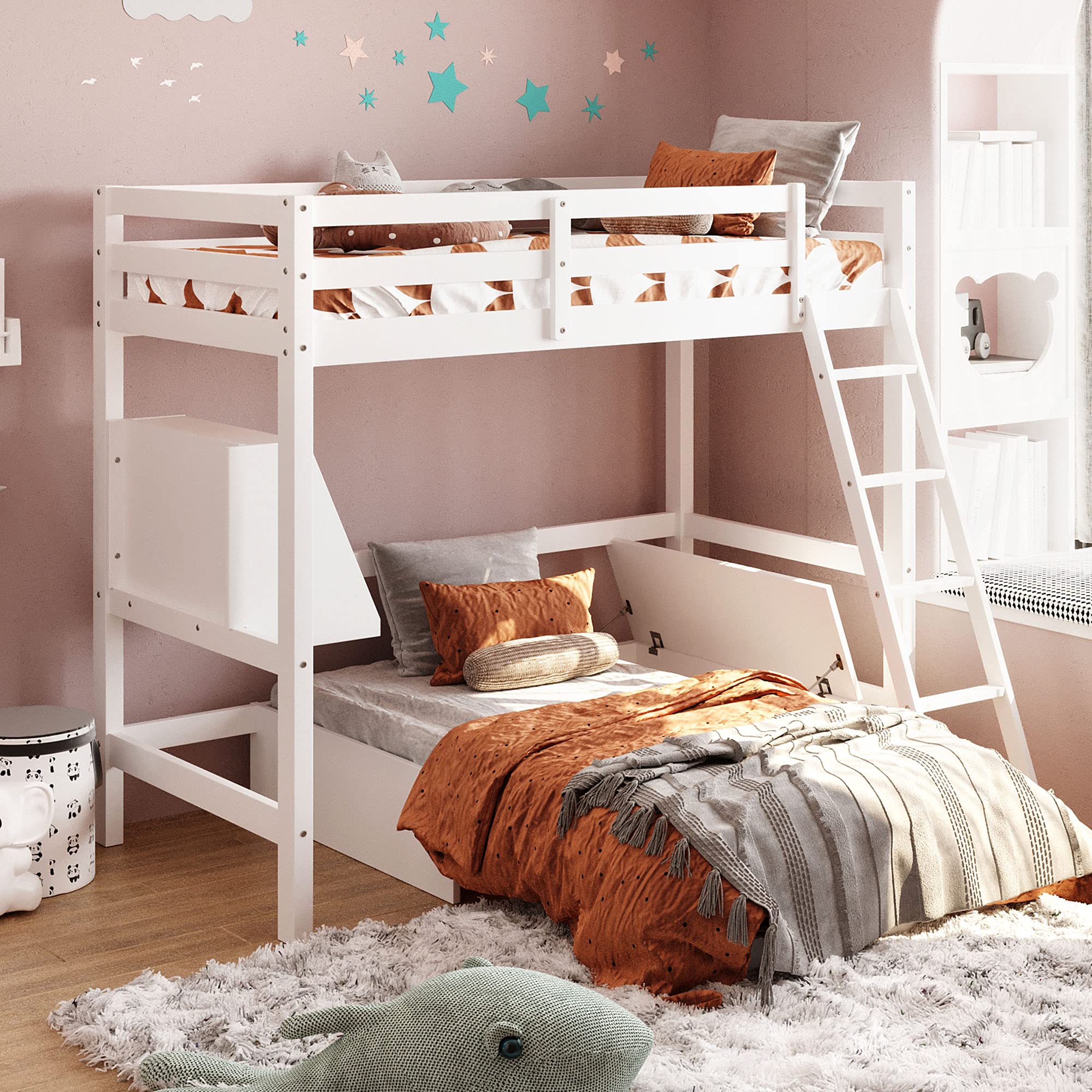 Twin Loft Bed with Storage Shelf Wood Loft Bed Frame with Convertible Lower Bed, Twin Size Loft Bed with Drawer and Ladder, Separated Loft Bed & Twin Platform Bed for Kids Teens Adults (White)