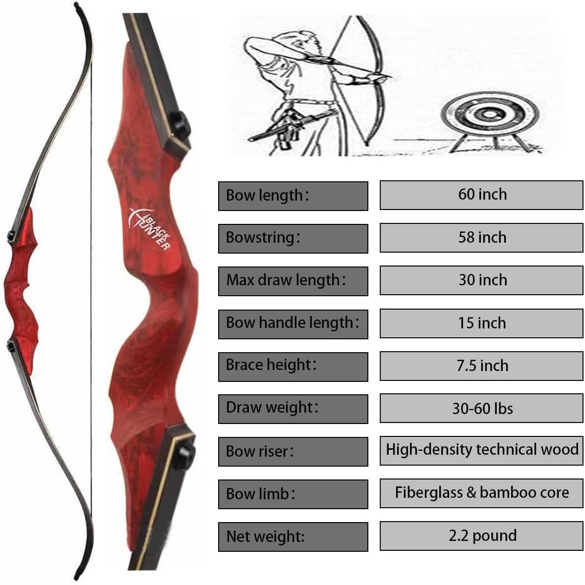 Vogbel 60inch Archery Bow and Arrows Set for Adults Black Hunter Takedown Recurve Bow Survival Bow Hunting Longbow Bamboo Core Limbs for Right Handed Shooters Target Shooting Practice(60LB) Red
