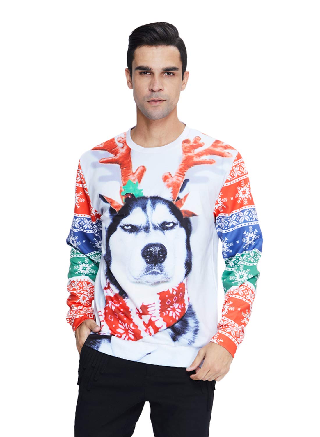 RAISEVERN Ugly Christmas Sweater for Men Women Funny Xmas Dog Husky Scarf Sweatshirt Holiday Festive Long Sleeve Winter Reindeer Pullover Top