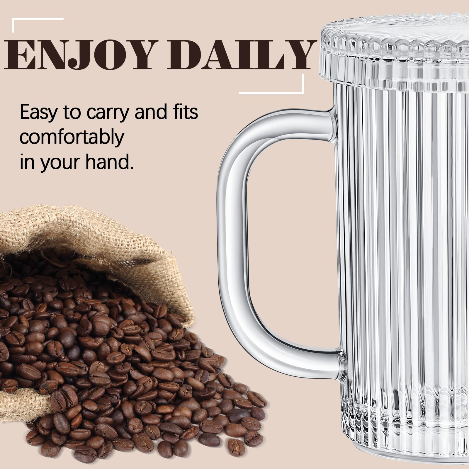 Suclain 4 Pieces Glass Coffee Mugs Clear Vertical Stripes Tea Mug with Lid and Spoon Ribbed Glasses for Espresso Milk Chocolate Latte Juice Anniversary and Birthday, 11.8 oz