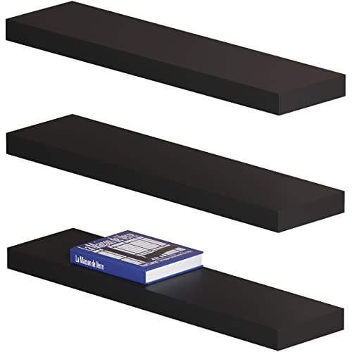 NEATERIZE Floating Shelves Set of 3 | Durable Wall Shelves with Invisible Bracket | Great Shelf for Bathroom, Bedrooms, Kitchen, Office and Living Room Décor. (Black - Small)
