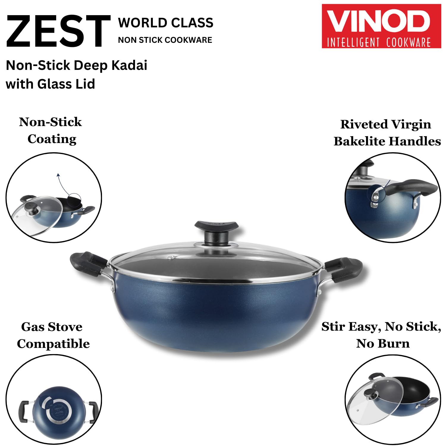 Vinod Cookware Non Stick Deep Kadai with Lid 4.1 Liters, Blue/Black, ZNKL-26