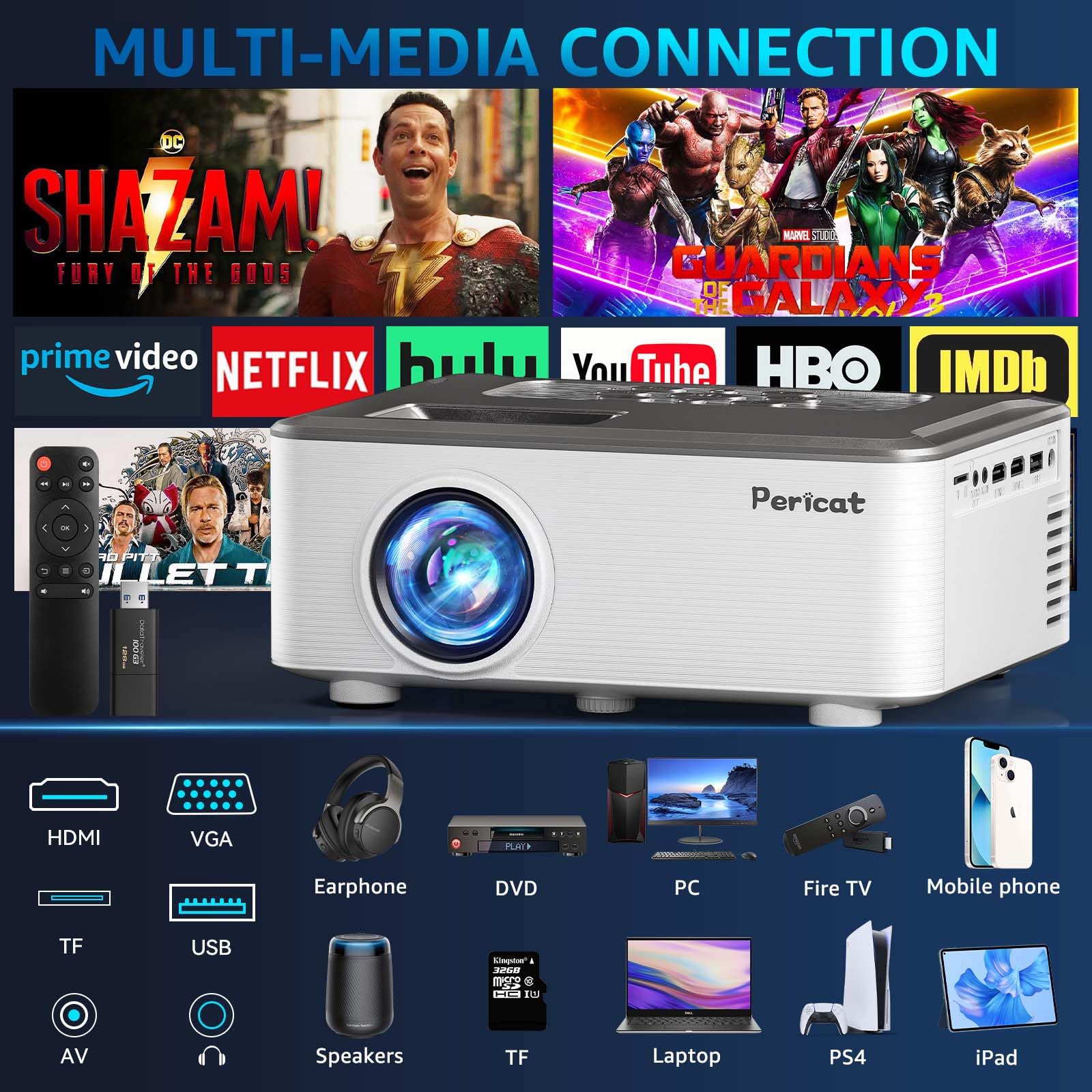 Projector with WiFi and Bluetooth, 11000L / 1080P Support Outdoor Projector with Screen, Pericat Video Projector, 330'' Display Phone Projector for iPhone,TV Stick, Mac (100'' Farbric Screen Included)